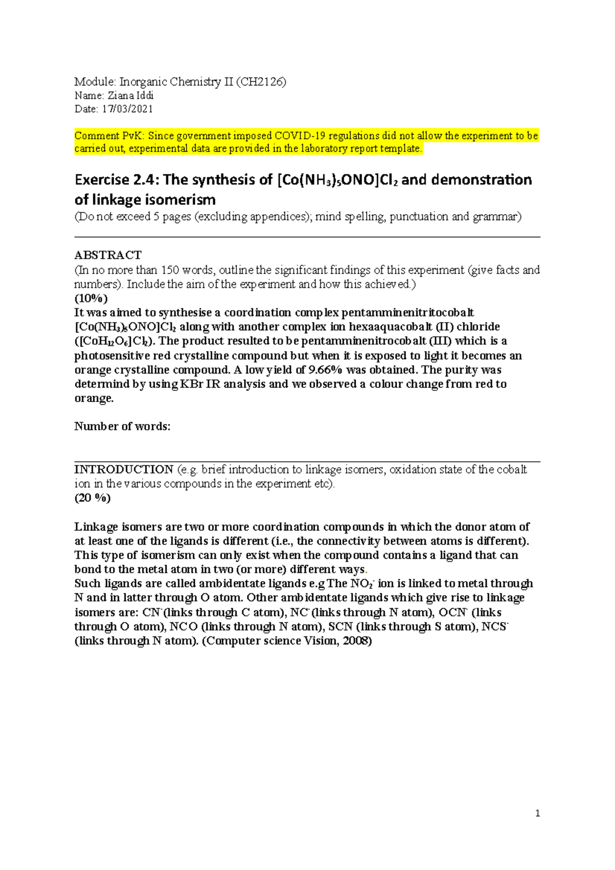 Lab report 2- 4 Template Linkage Isomerism - Module: Inorganic ...