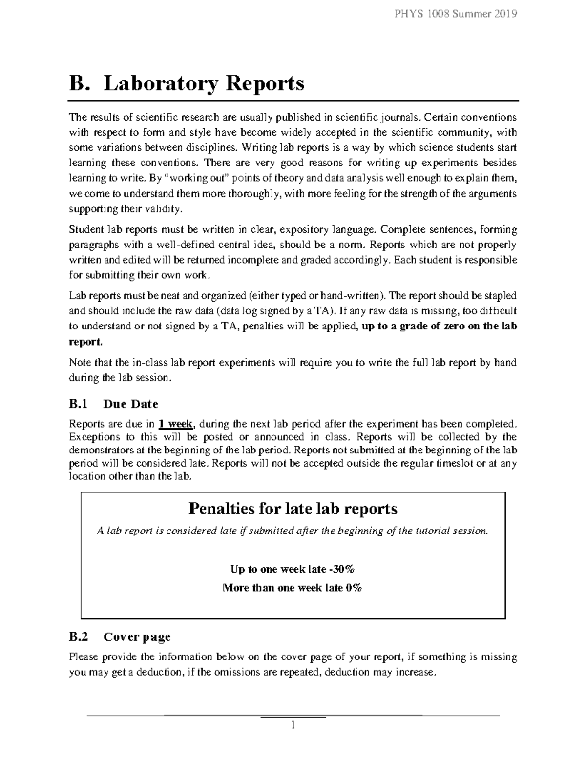 B Lab Reports - PHYS 1008 Summer 2019 B. Laboratory Reports The results ...