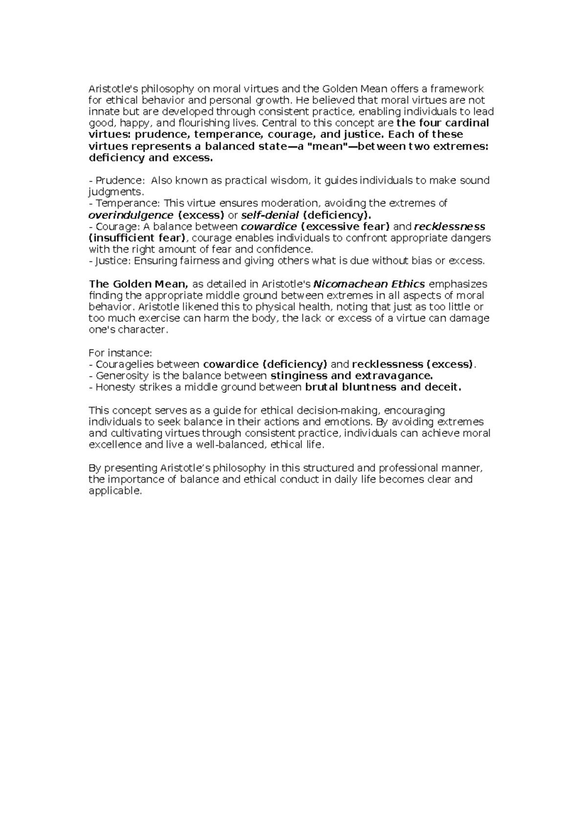 Script - Summary Ethics - Aristotle's philosophy on moral virtues and ...