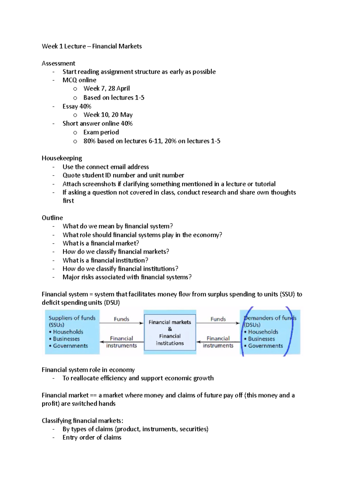 Week 1 Lecture - fiancial markets - EFB201 - QUT - Studocu