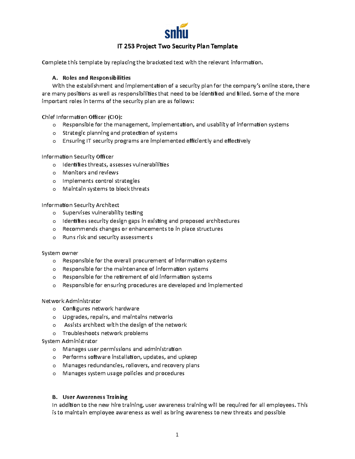 IT 253 Project Two Security Plan - A. Roles and Responsibilities With ...