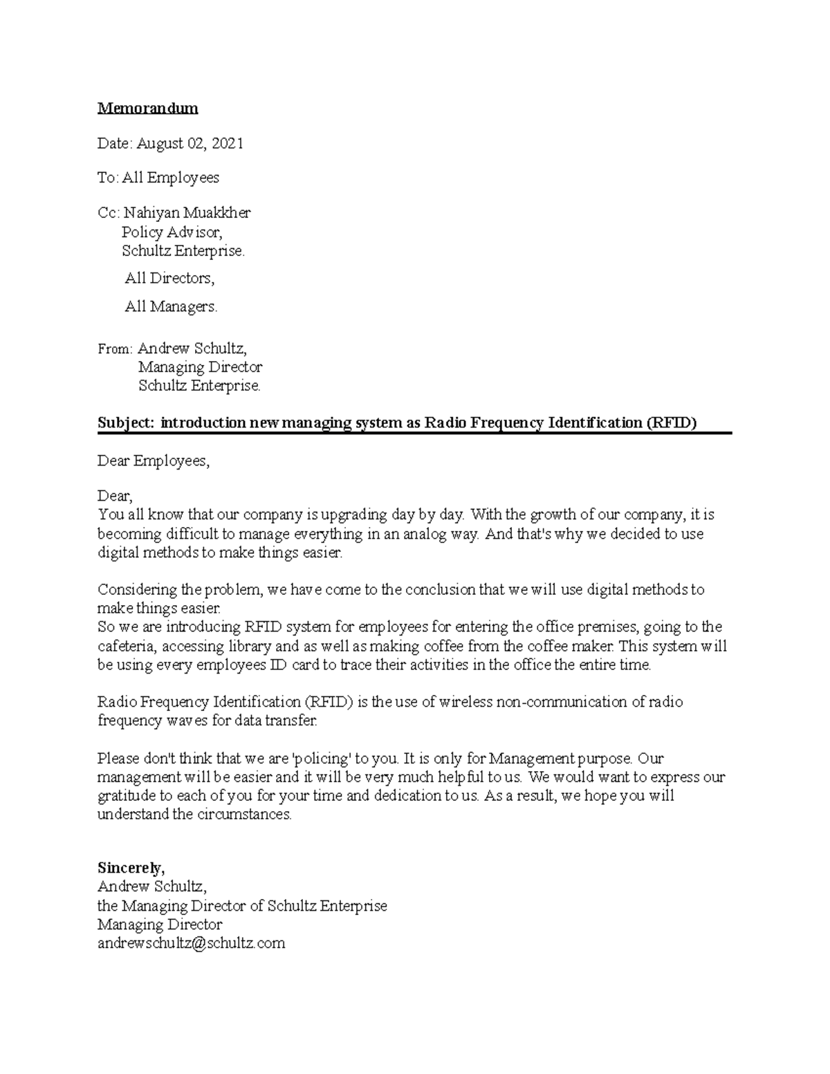 Class work Memorandum - Memorandum Date: August 02, 2021 To: All ...