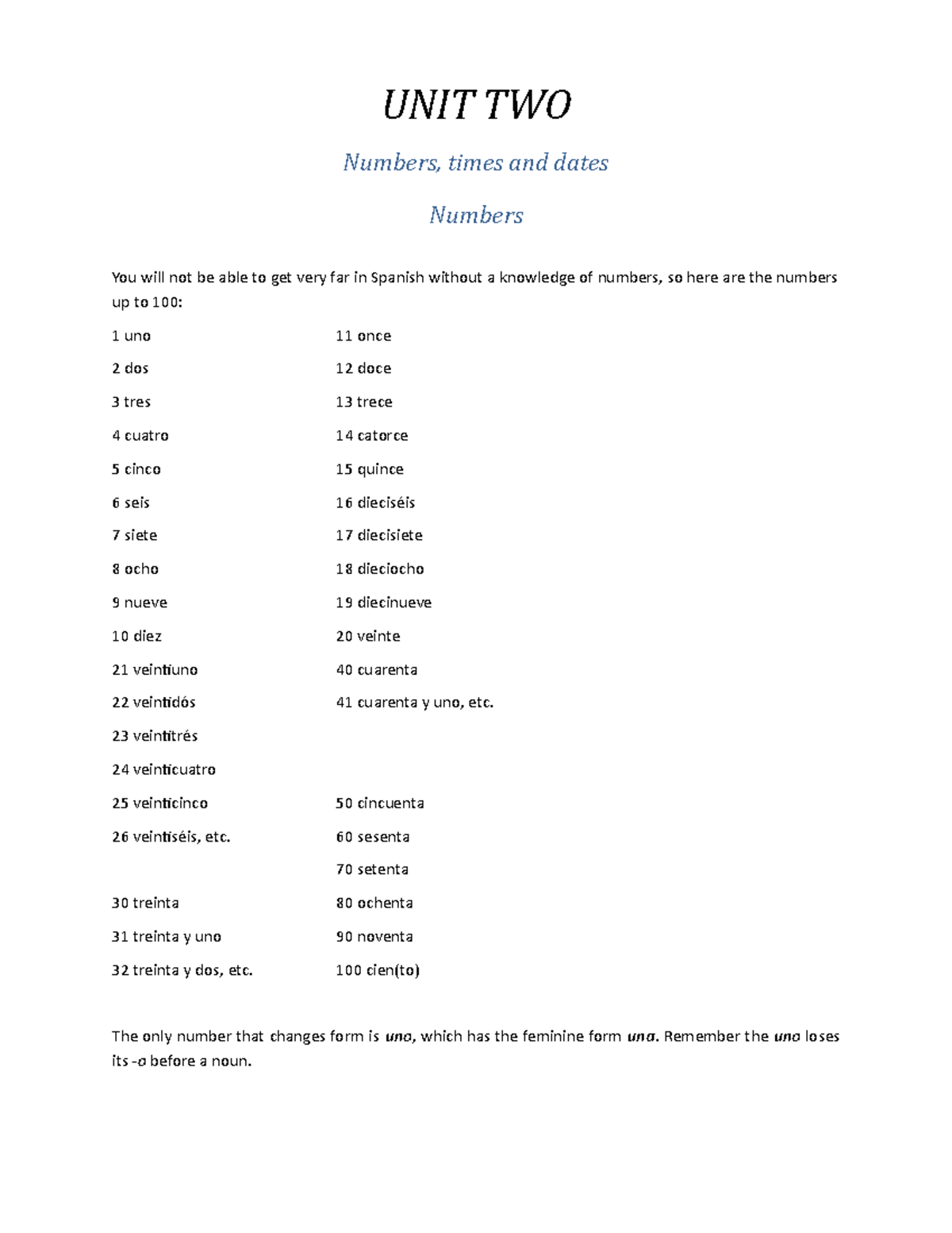 UNIT-2 - IDK - UNIT TWO Numbers, times and dates Numbers You will not ...