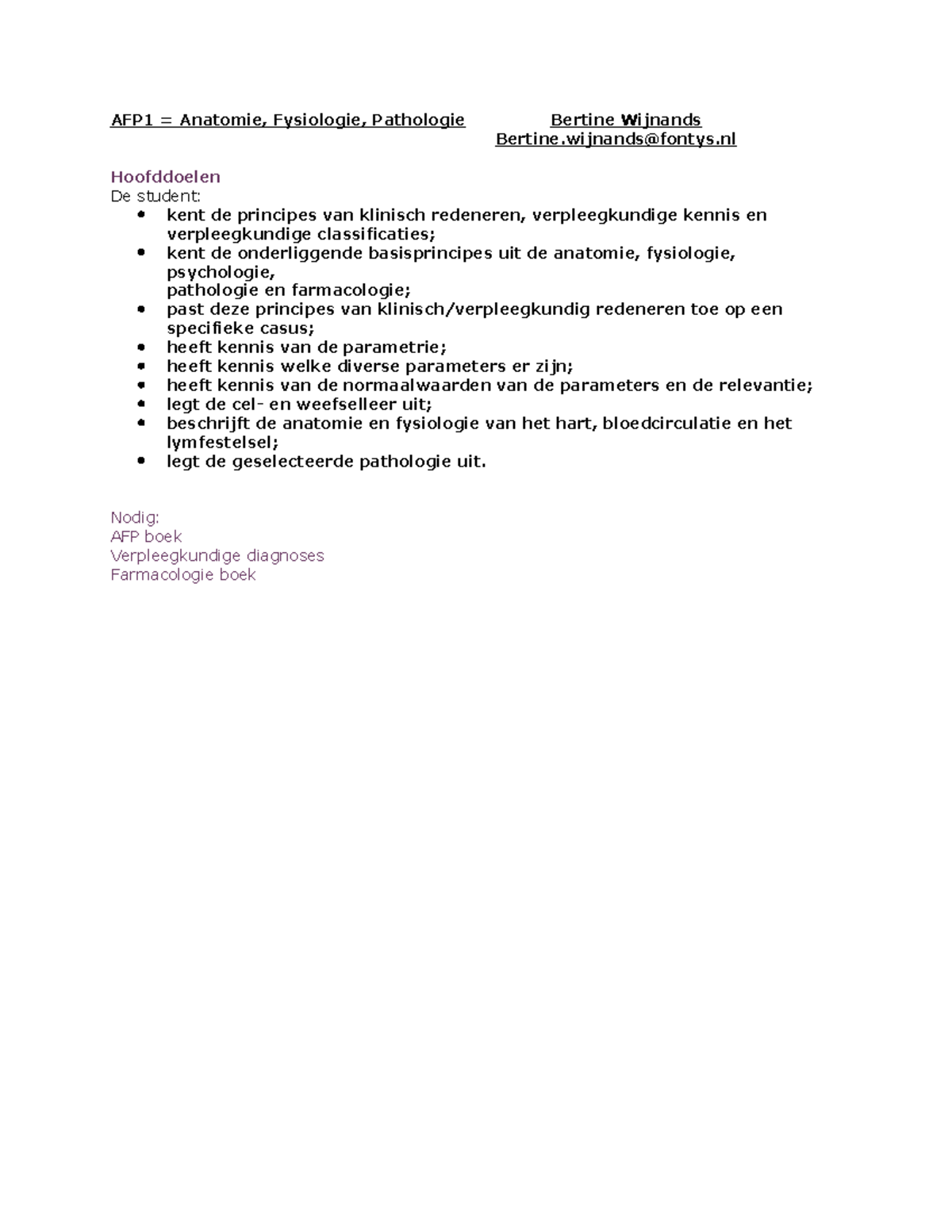 AFP1 Les 3, basisparameters en farmacologie - AFP1 = Anatomie ...