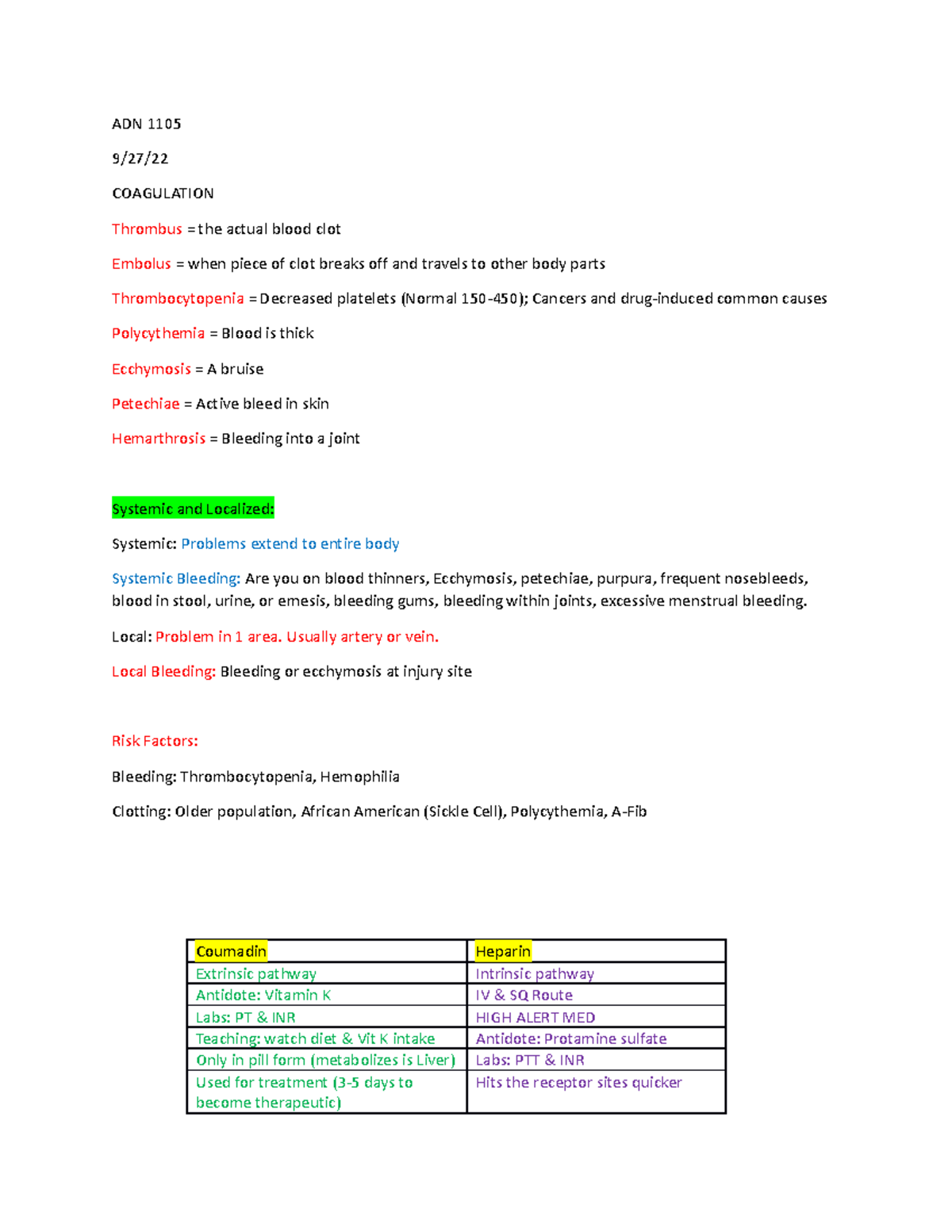 Coagulation - Notes - ADN 1105 9/27/ COAGULATION Thrombus = the actual ...