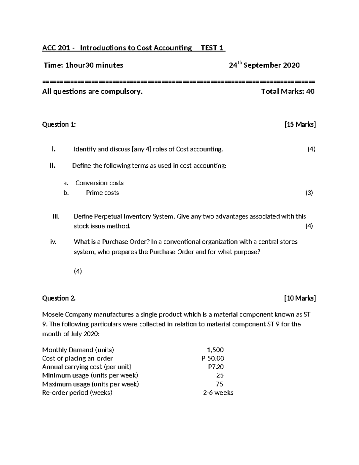 ACC 201 Test 1 - Test 1 - ACC 201 - Introductions to Cost Accounting ...