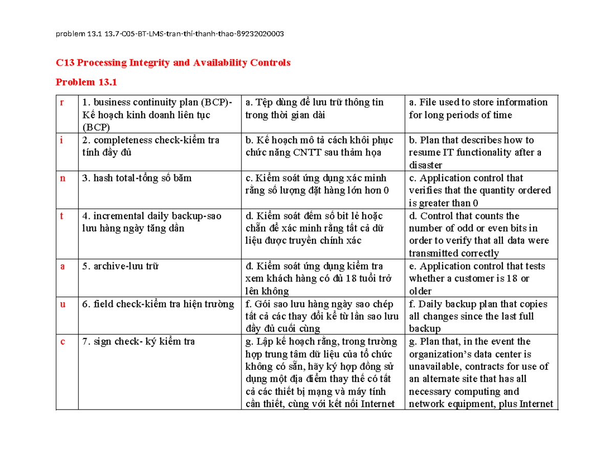 Problem 13.1 13 - C13 Processing Integrity and Availability Controls Problem 13. r 1. business ...