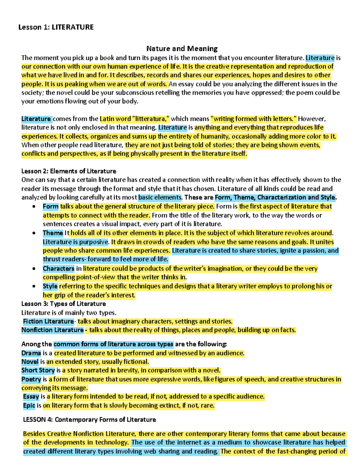 21ST Century Lesson 1 - Lesson 1: LITERATURE Nature and Meaning The ...