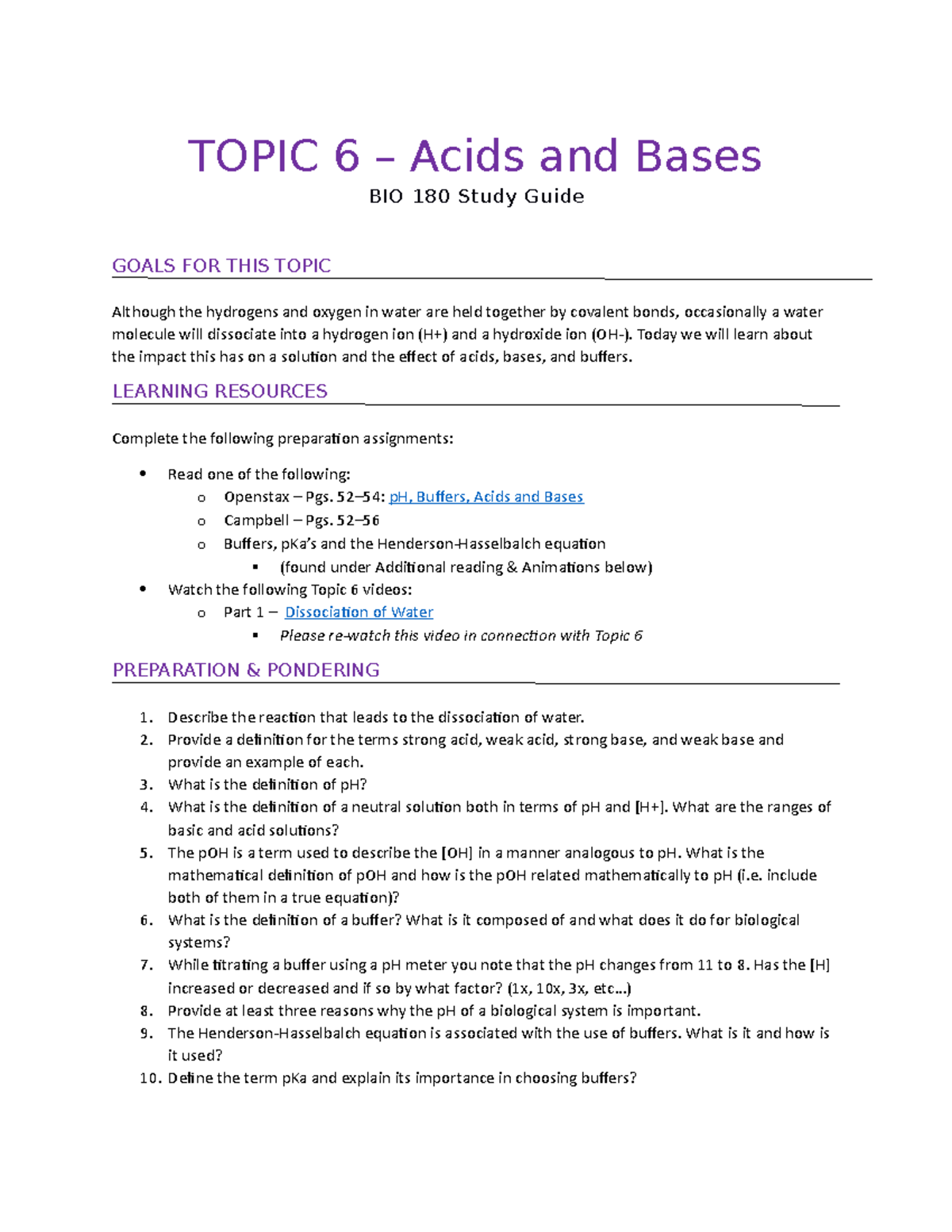 Topic Worksheet - TOPIC 6 – Acids and Bases BIO 180 Study Guide GOALS ...