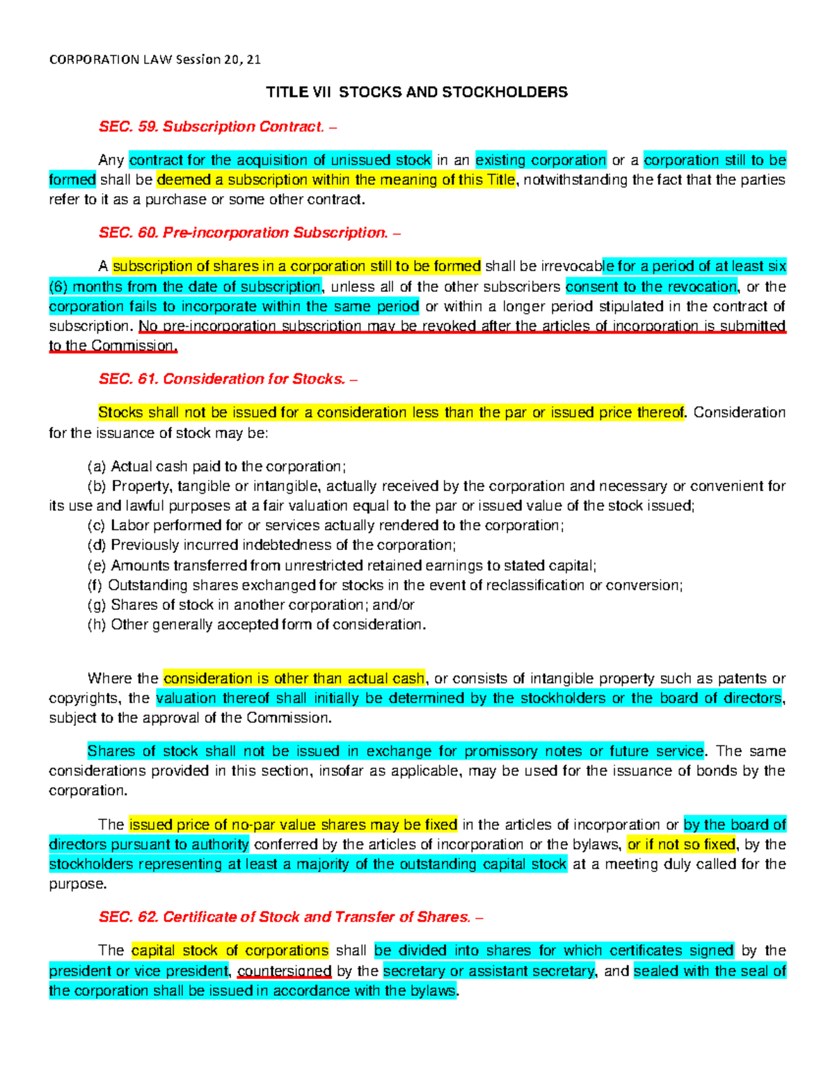 Corp. Code Session 20 21 Sec - CORPORATION LAW Session 20, 21 TITLE VII ...
