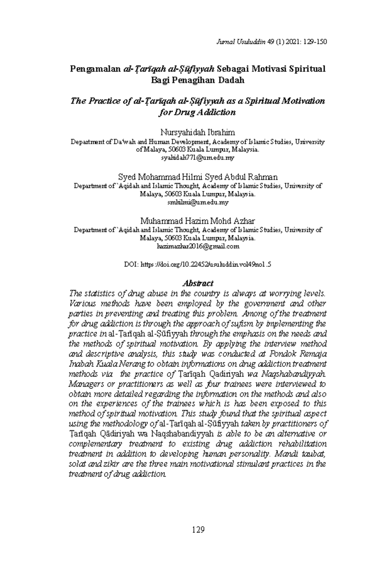13198 - thankyou - Jurnal Usuluddin 49 (1) 2021: 129- Pengamalan al ...
