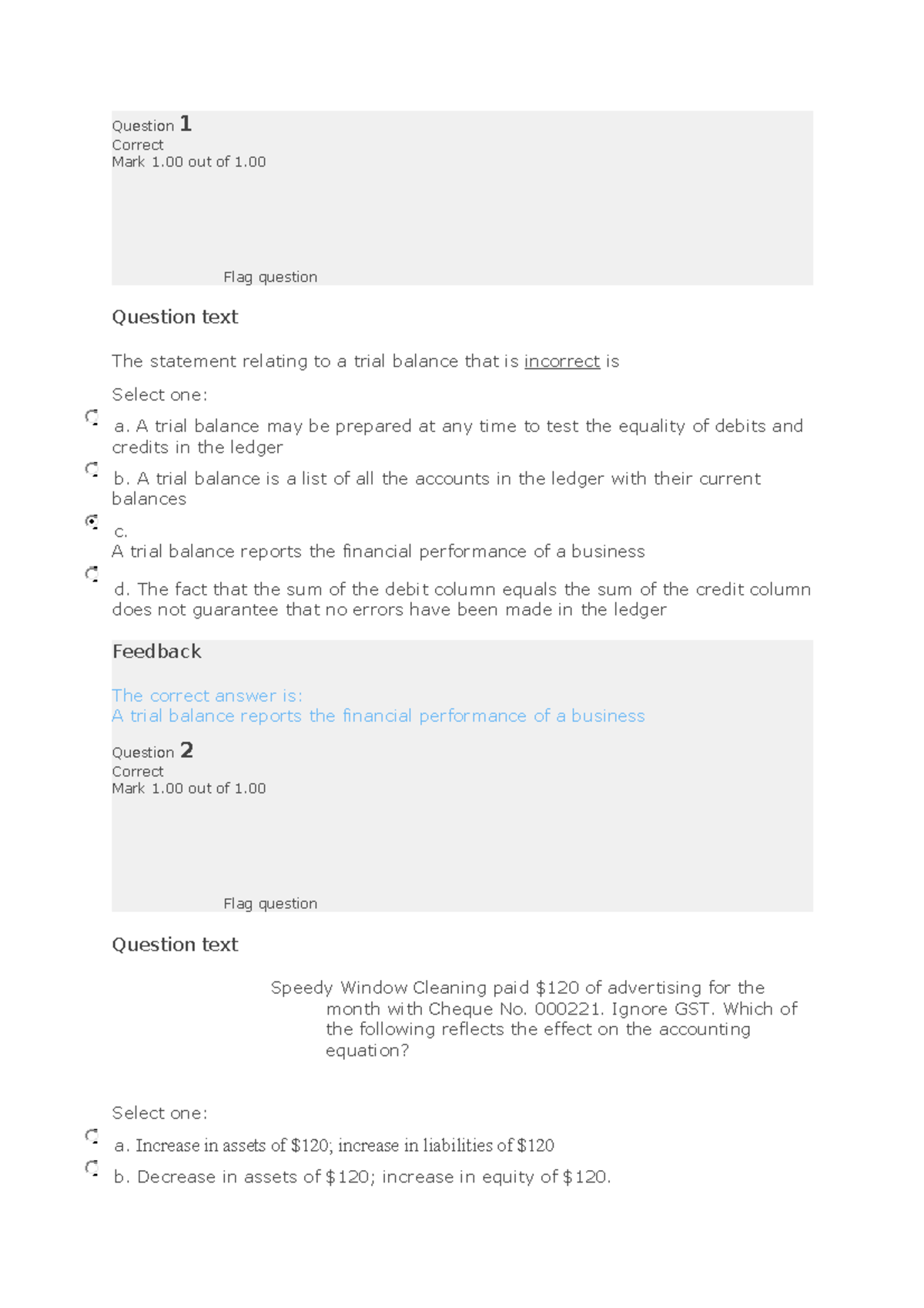 AF101 Quiz 2 Review 2020 - Semester 1 2020 - Question 1 Correct Mark 1 ...