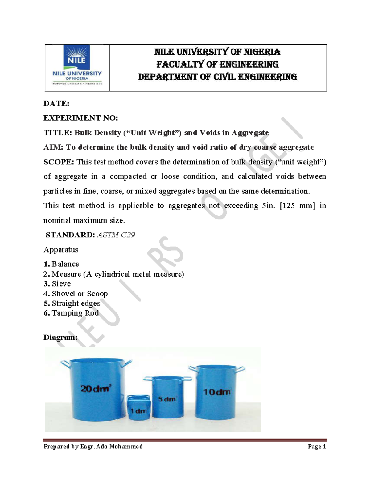 Experiment 3- (Bulk Density) - Prepared by Engr. Ado Mohammed Page 1 ...