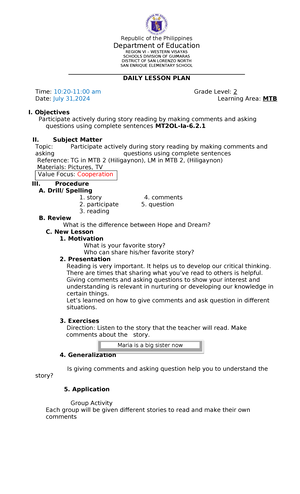 Sample Class Program for Grade 1 SY 2024 2025 - Time No. of Min Monday ...