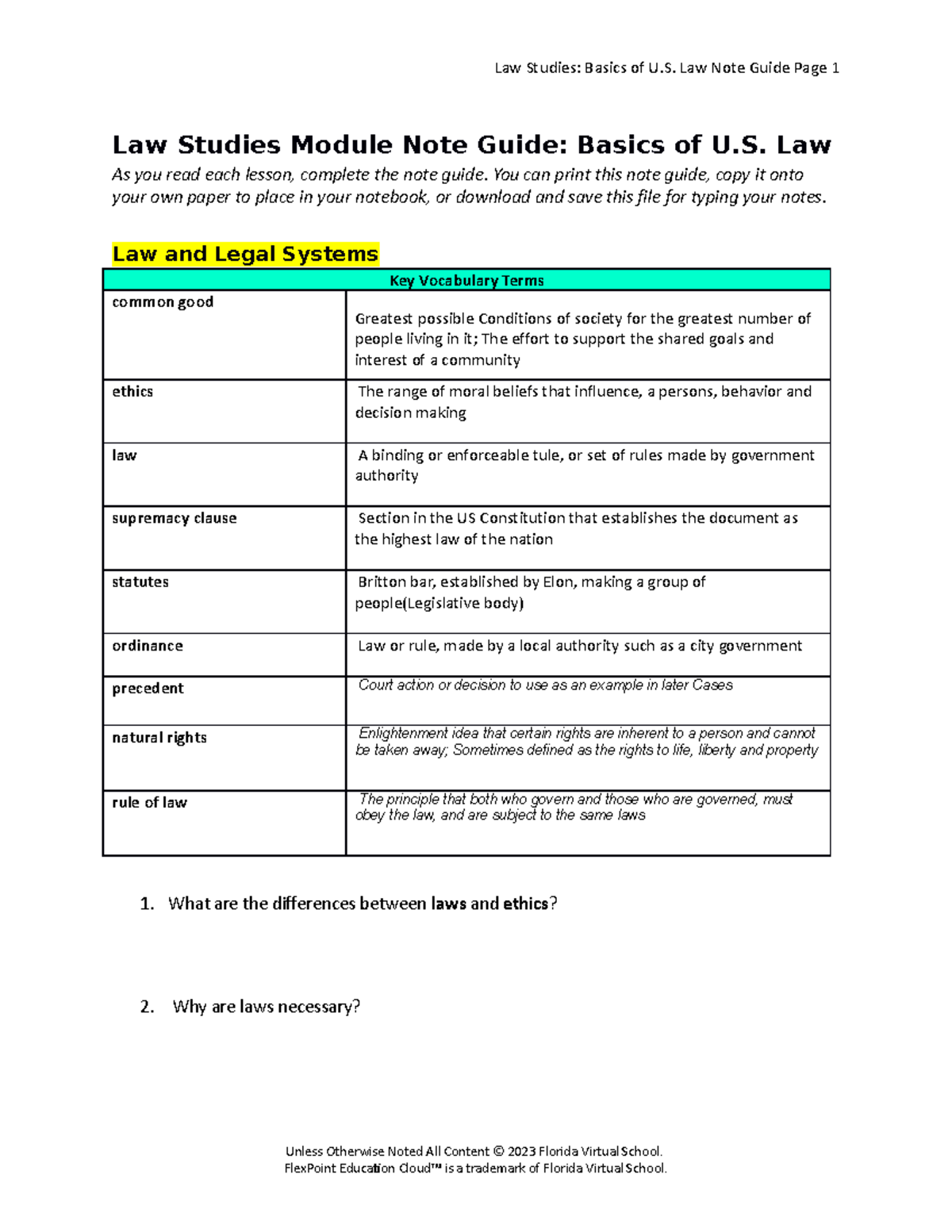 Basics of us law module note guide - Law Studies Module Note Guide ...