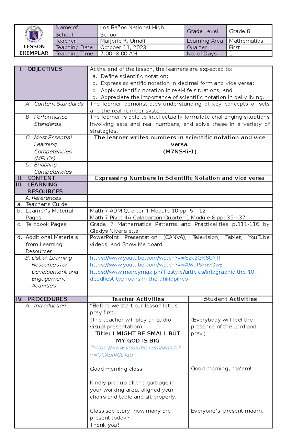 Lesson Plan about Scientific Notation - LESSON EXEMPLAR Name of School Los Baños National High ...