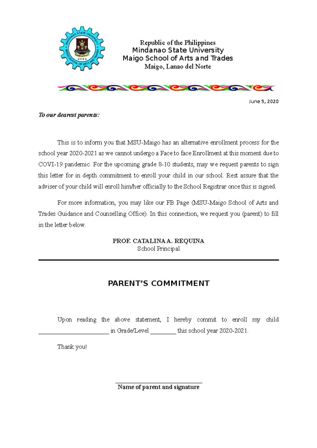 Letter OF Parent'S Commitment - Republic of the Philippines Mindanao ...