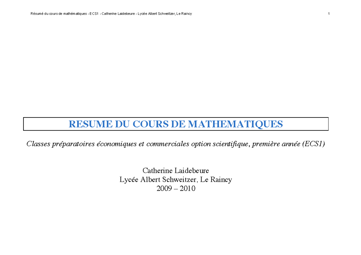 Resume Maths ECS1 - math cours - RESUME DU COURS DE MATHEMATIQUES ...