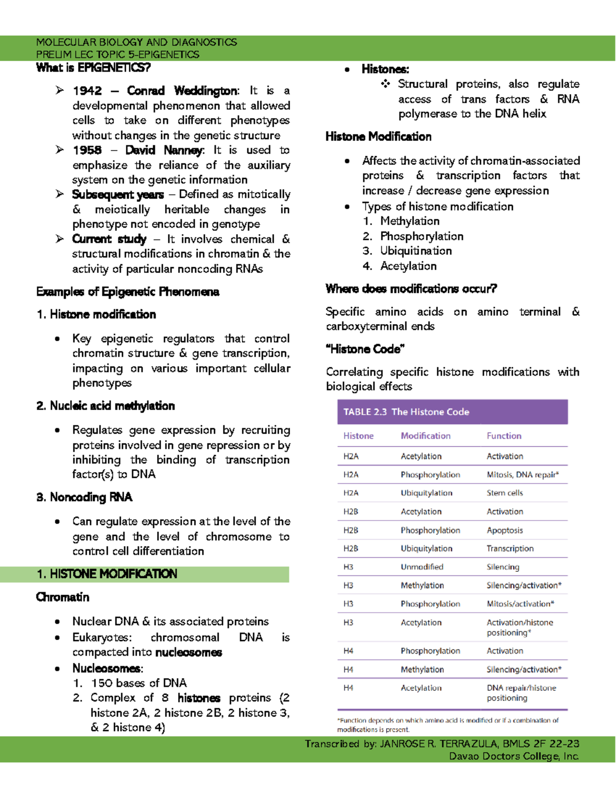 Prelim LEC Topic 5 Epigenetics - PRELIM LEC TOPIC 5-EPIGENETICS Transcribed by: JANROSE R. - Studocu