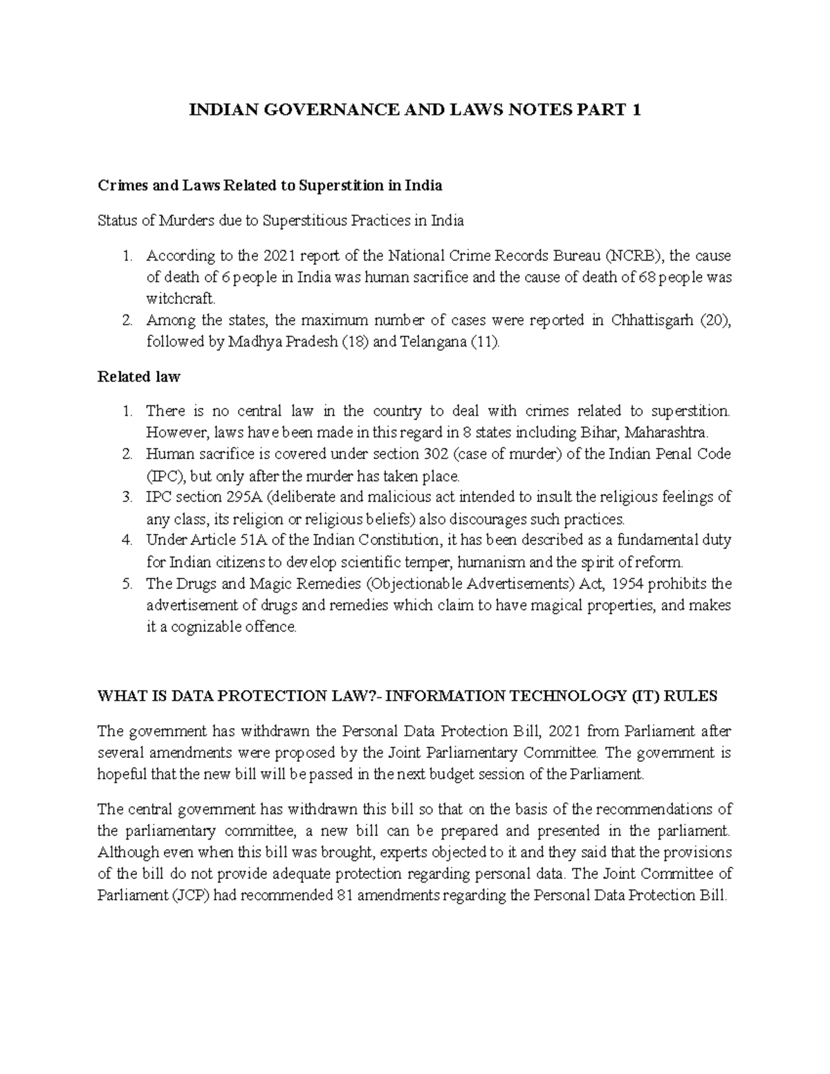 Indian Governance AND LAWS Notes PART 1 - INDIAN GOVERNANCE AND LAWS ...