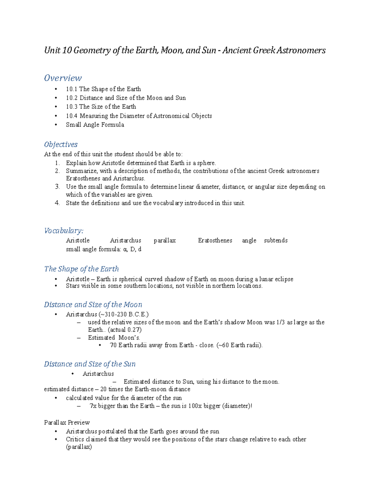 Unit 10 Ancient Greek Astronomers - Unit 10 Geometry of the Earth, Moon ...