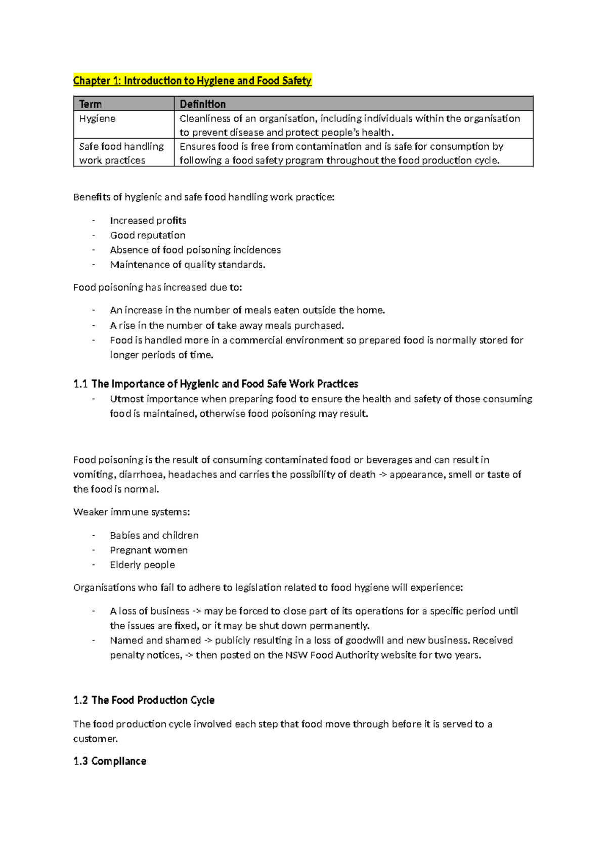 Hygiene quiz revision - Chapter 1: Introduction to Hygiene and Food ...