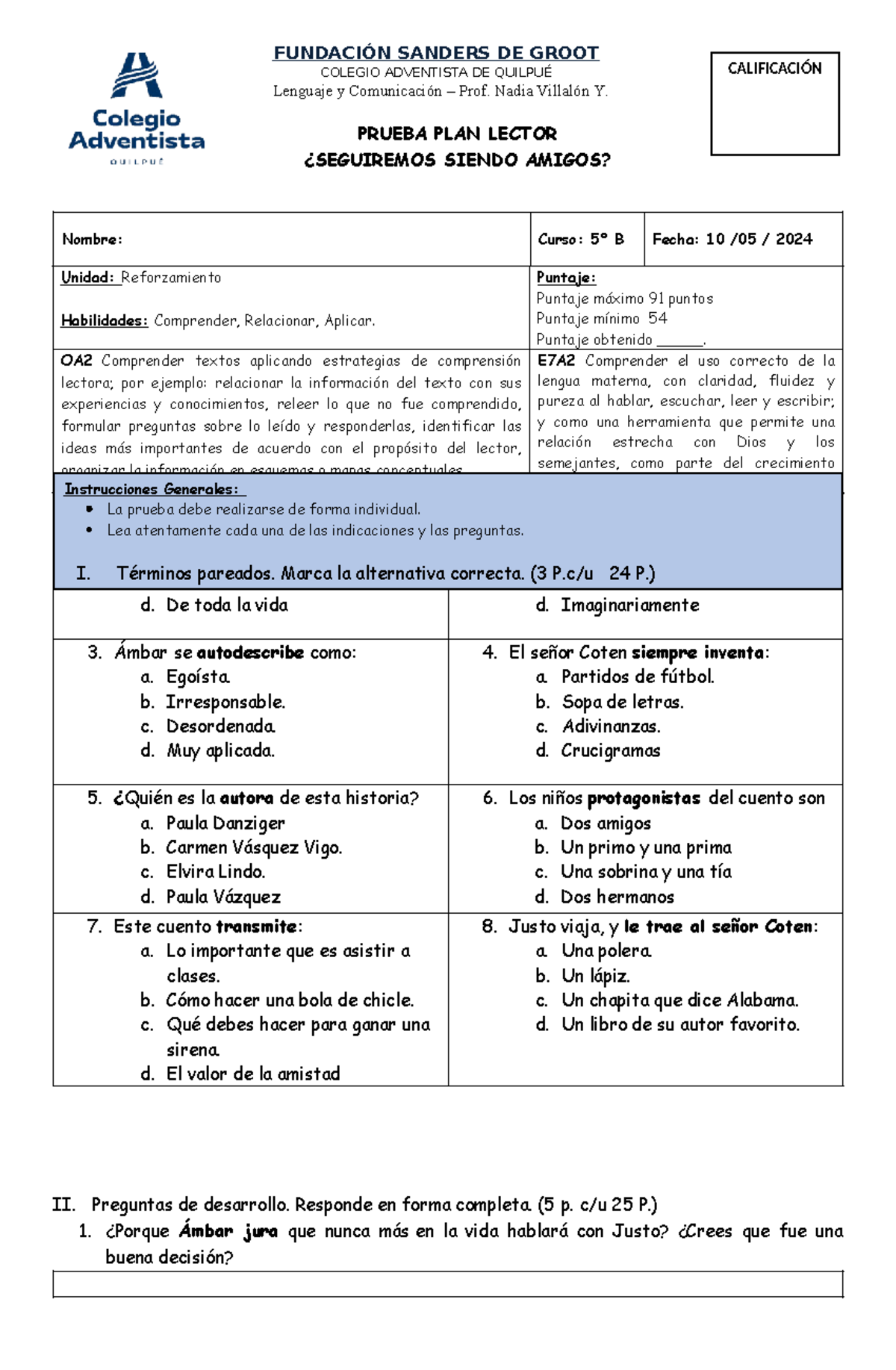 Prueba PLAN Lector Seguiremos Siendo Amigos - PRUEBA PLAN LECTOR ¿SEGUIREMOS SIENDO AMIGOS ...