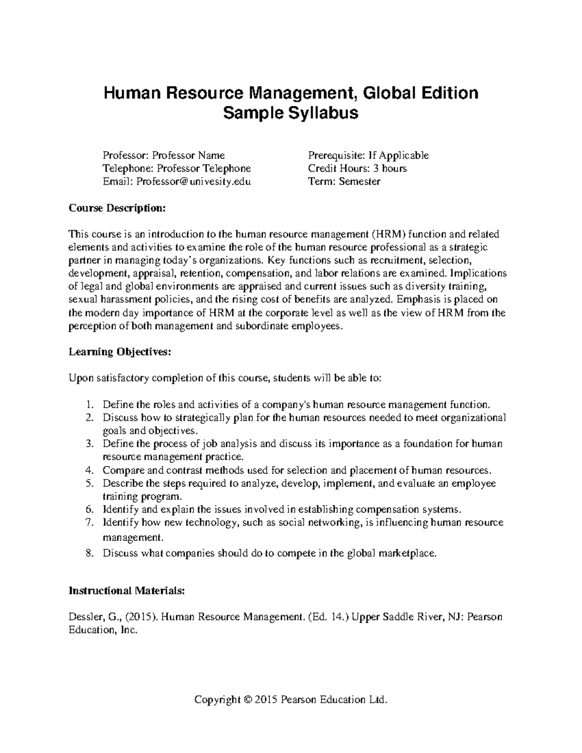 Sample Syllabus-215864 - Human Resource Management, Global Edition ...