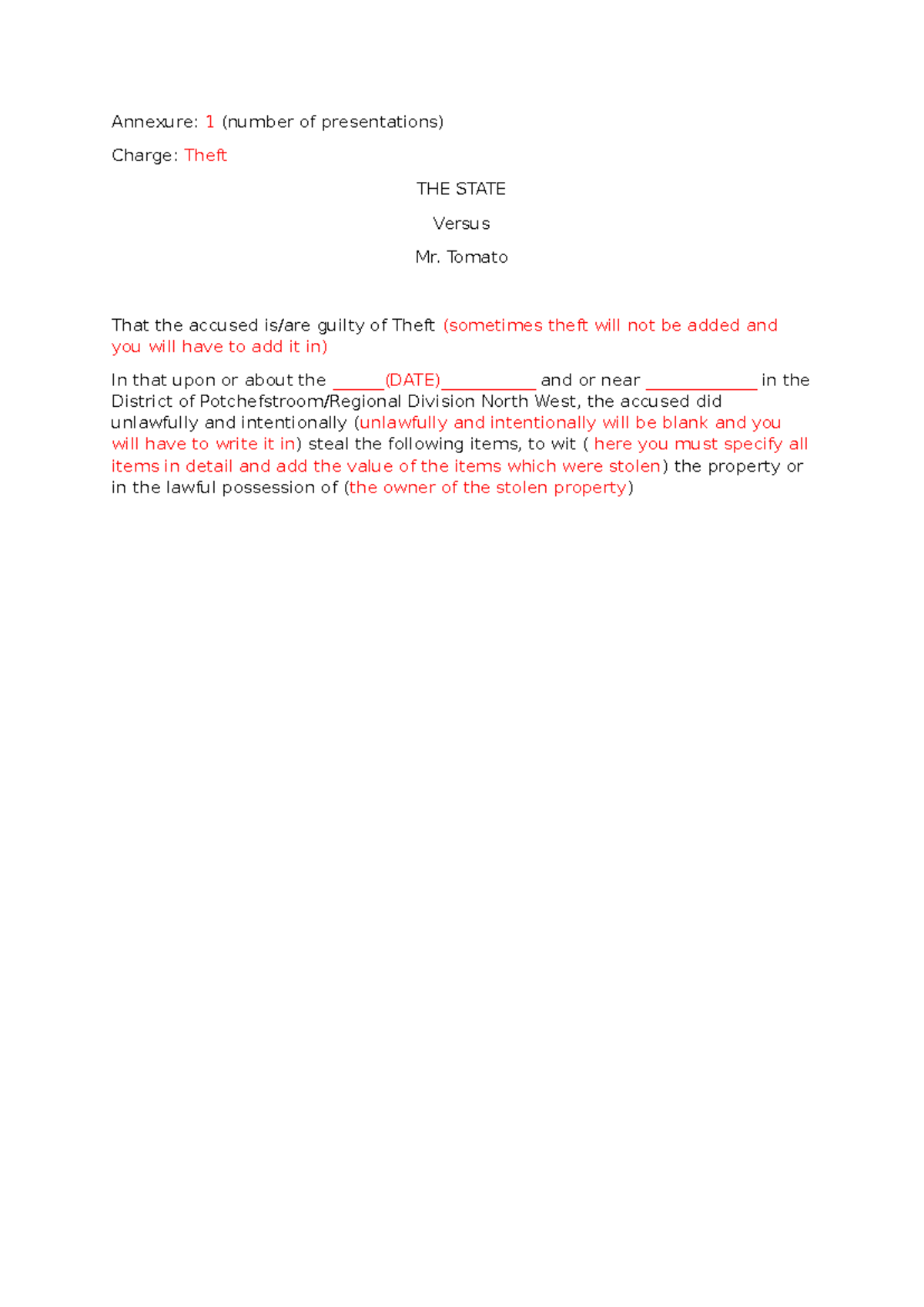 Charge sheet layout - Class notes - Annexure: 1 (number of ...