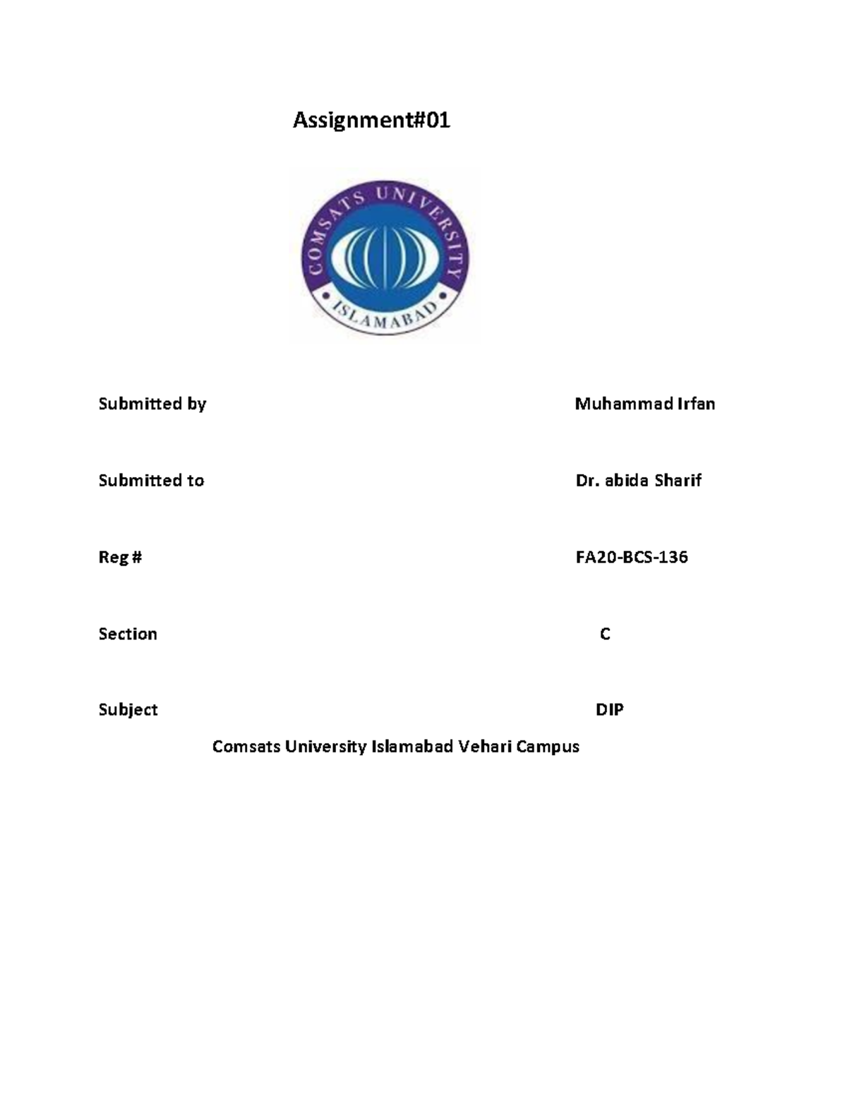Assignment 1 solution - Assignment# Submitted by Muhammad Irfan Submitted to Dr. abida Sharif ...