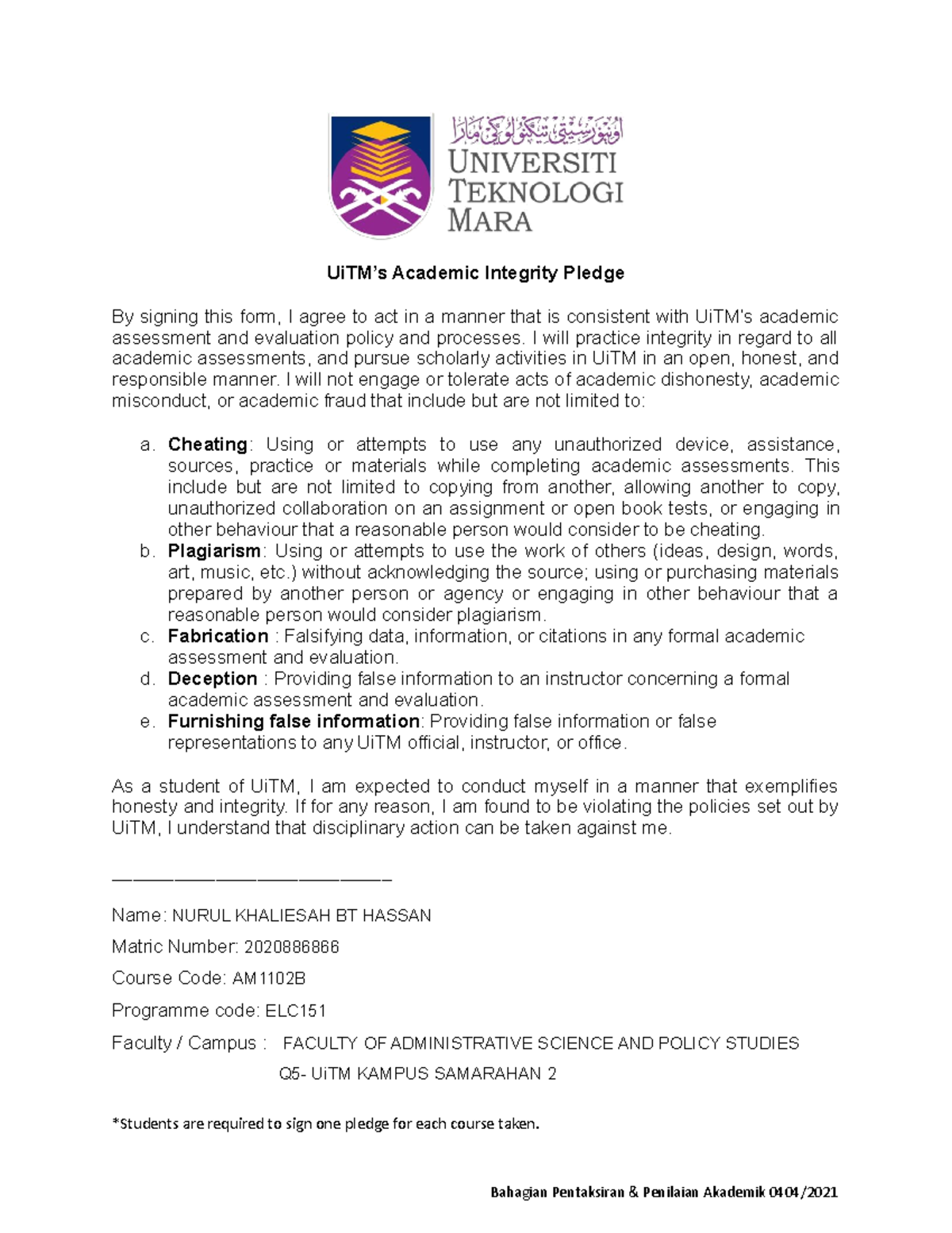 Academic intregity 1 - Lecture notes 3 - UiTM’s Academic Integrity ...