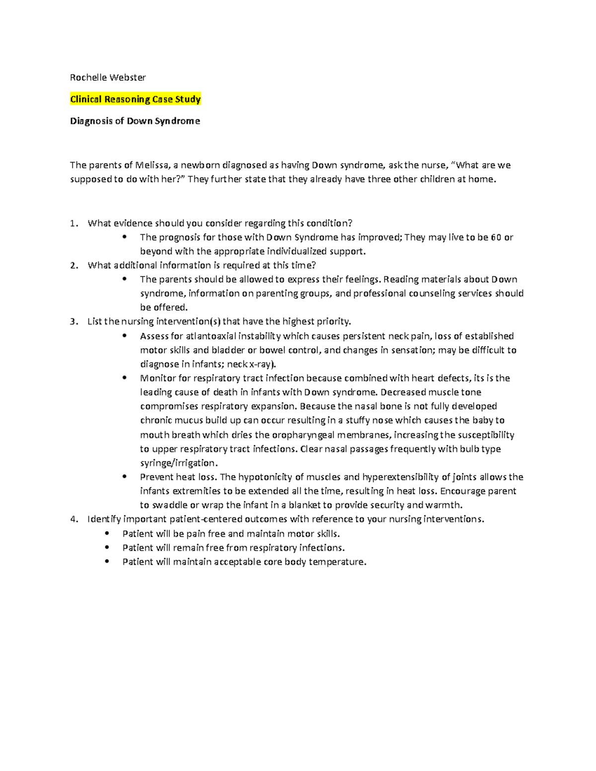 Case Study Down Syndrome - Rochelle Webster Clinical Reasoning Case ...