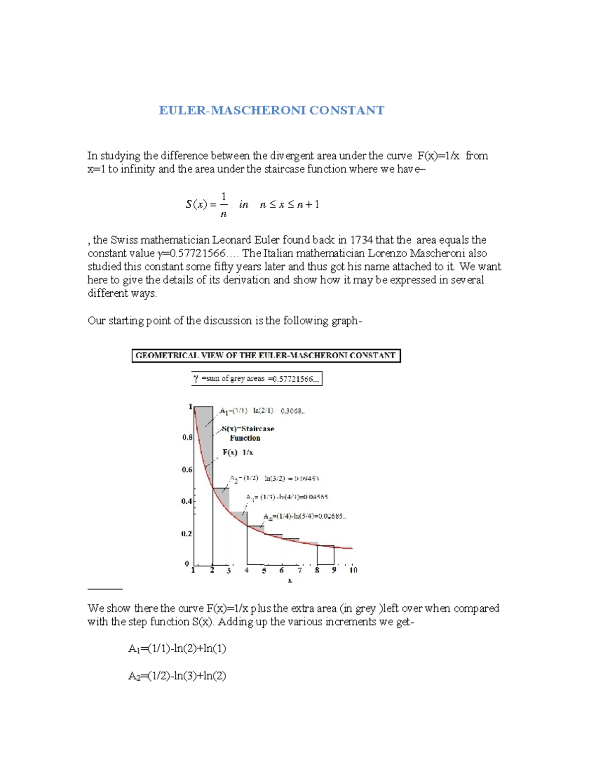 Euler- Mascheroni - EULER-MASCHERONI CONSTANT In studying the difference between the divergent ...