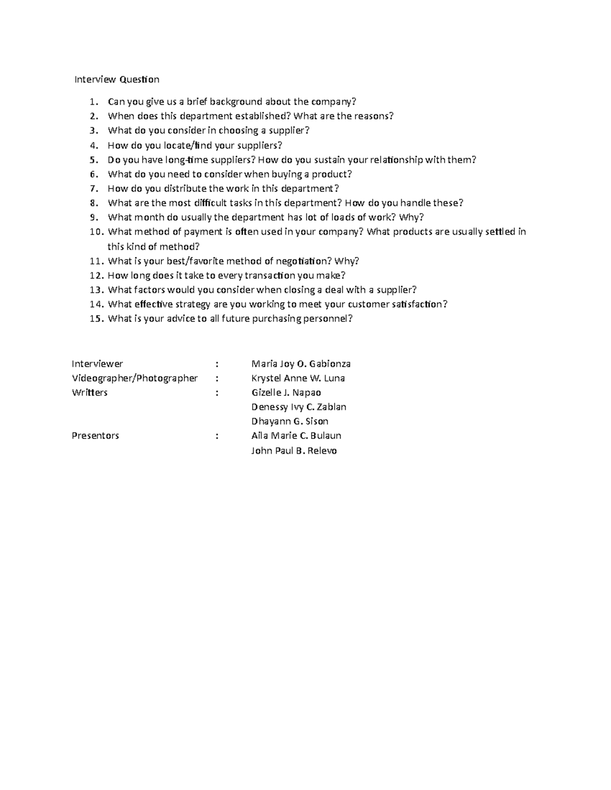 Interview Question for STS - Interview Question Can you give us a brief ...