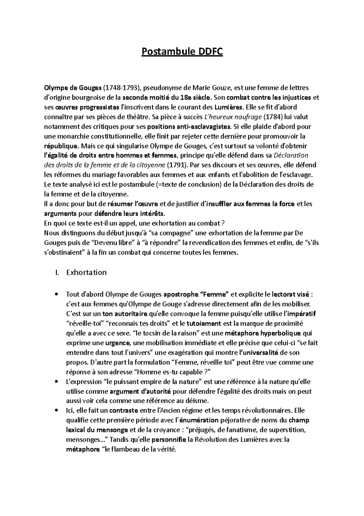 Fiche bac Postambule - JJJJJJJJJJJ - Postambule DDFC Olympe de Gouges (1748-1793), pseudonyme de ...