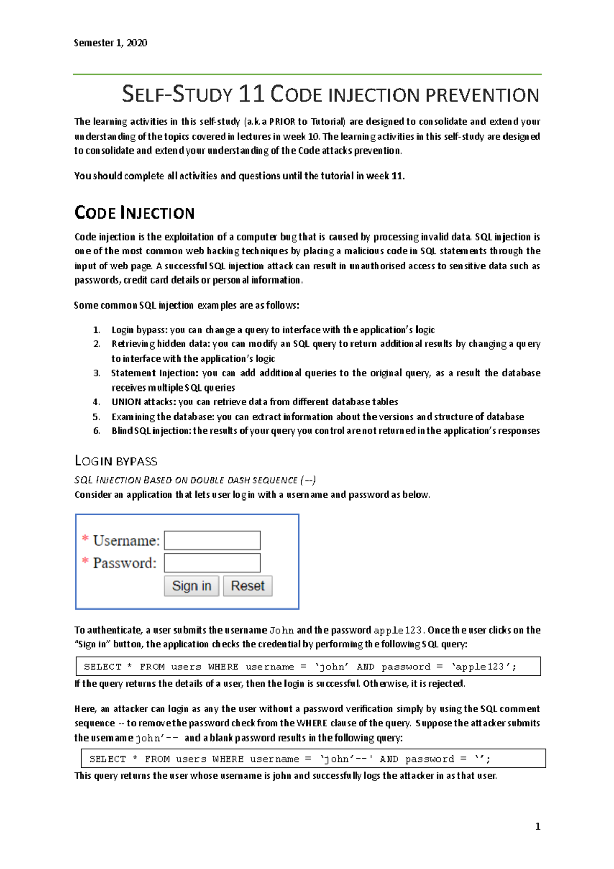 SS11 Code Injection - KIT502 - SELF-STUDY 11 CODE INJECTION PREVENTION The learning activities ...