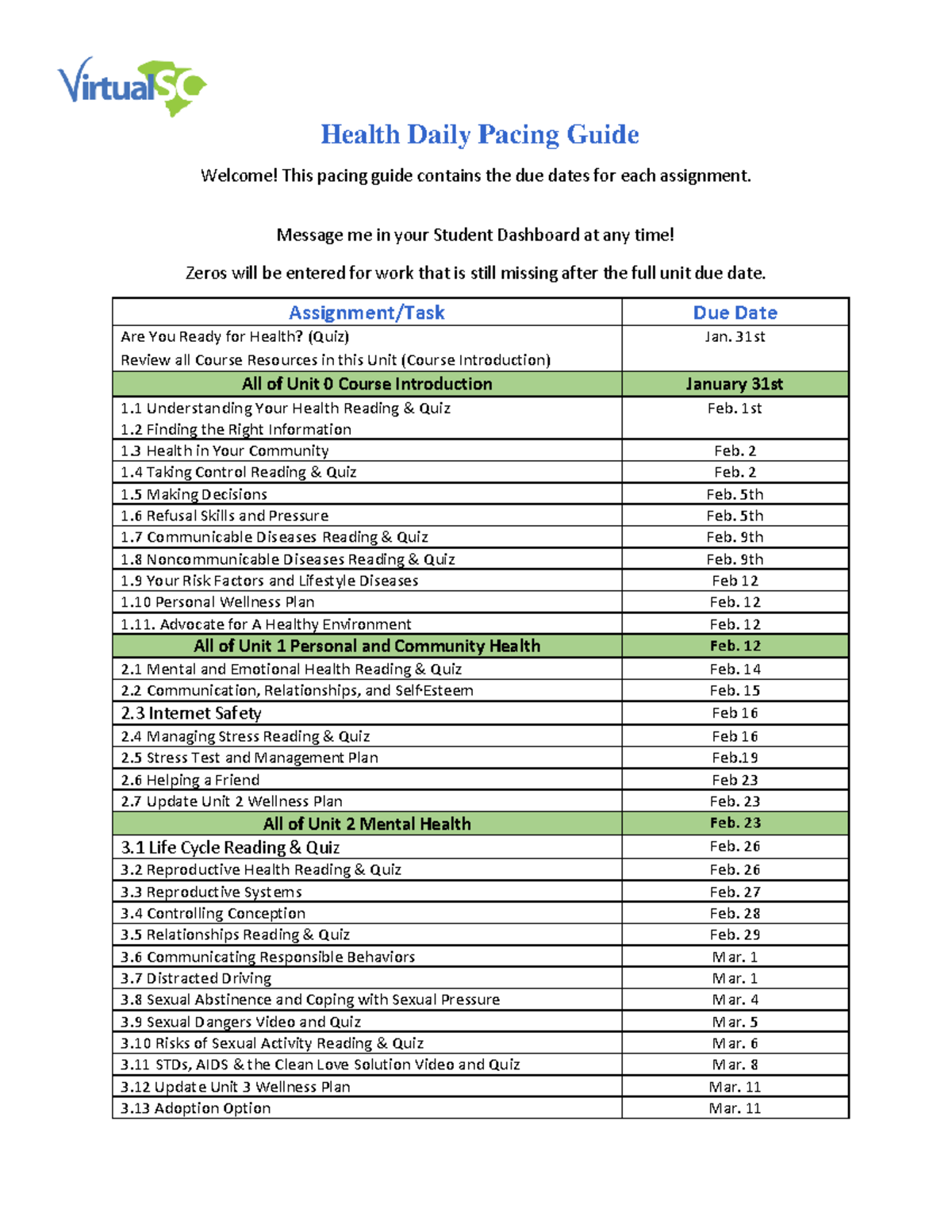 Pacing Guide Health Spring 2024 - Health Daily Pacing Guide Welcome ...