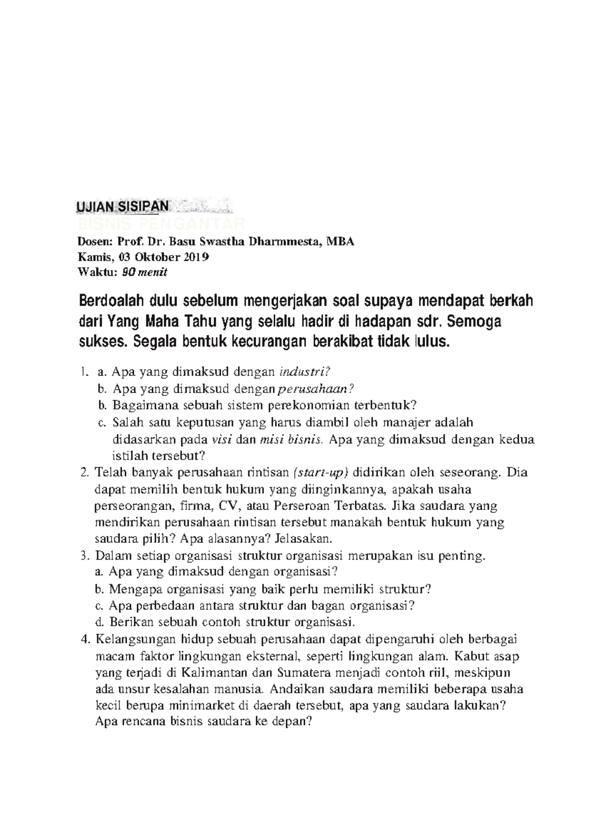 Bisnis Pengantar - Basu Swastha D 2019 UTS - BISNIS PEN GANT AR Dosen ...