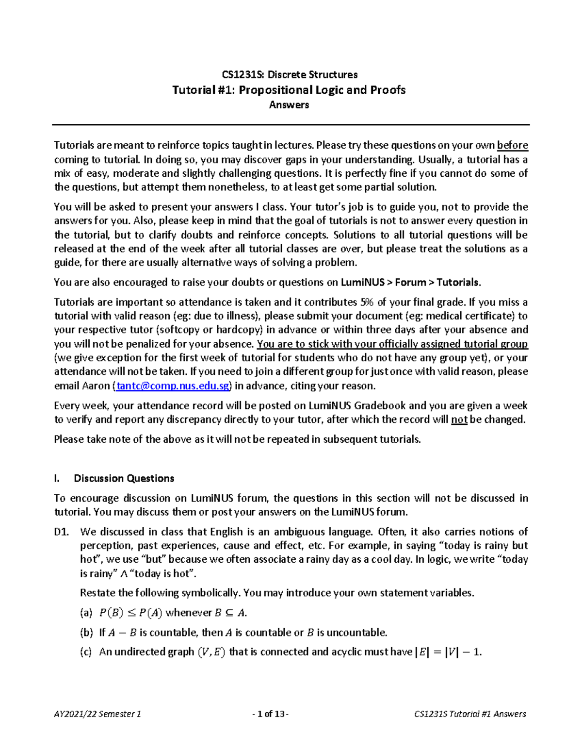 Tutorial 1 Answers kkkkkk - CS1231S: Discrete Structures Tutorial #1: Propositional Logic and ...