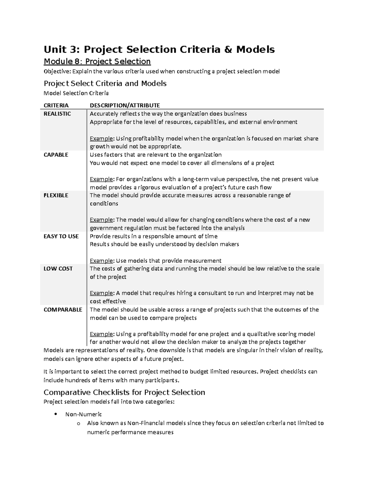 C722 - Unit 3 - C722 - Unit 3 - Unit 3: Project Selection Criteria ...