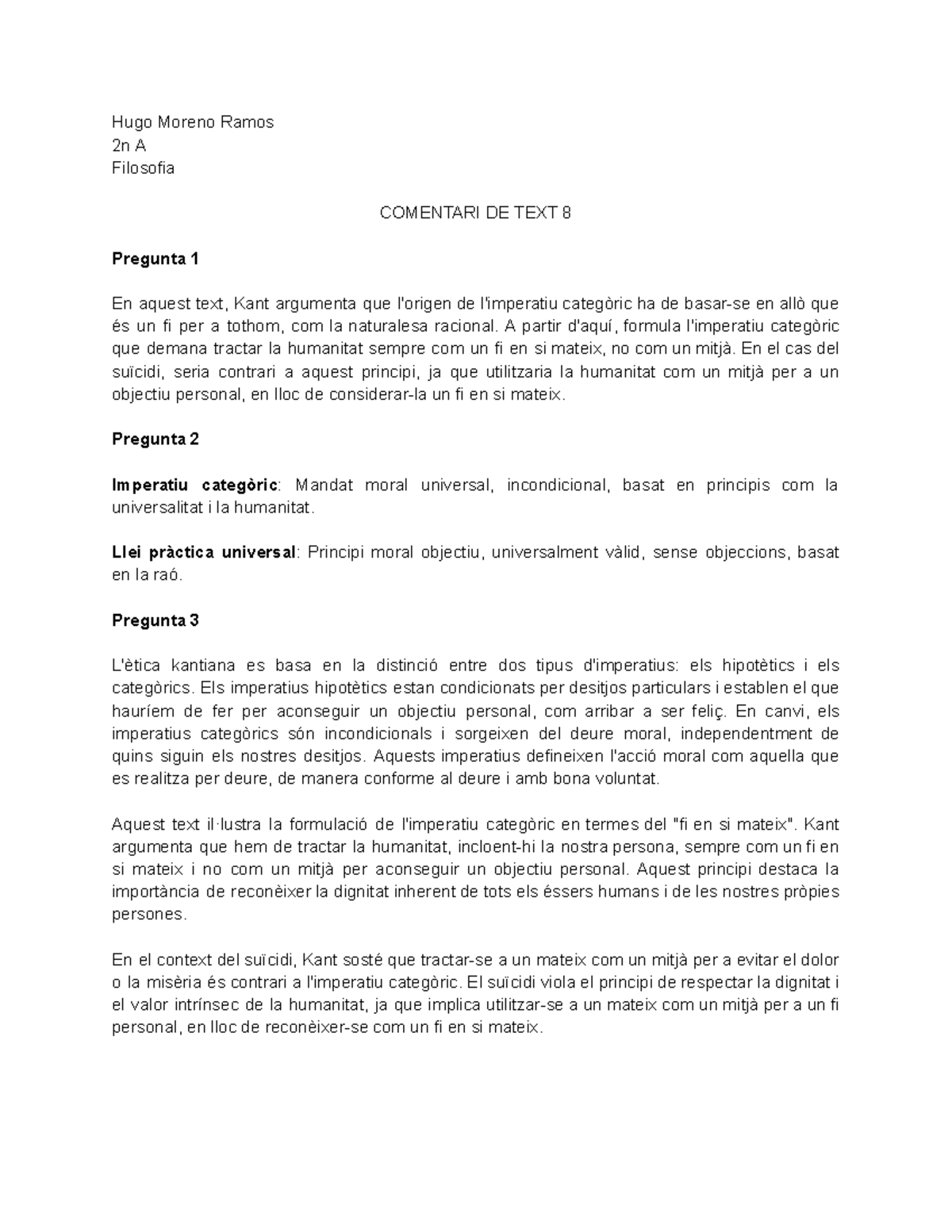 Comentari DE TEXT 8 - texto kant - Hugo Moreno Ramos 2n A Filosofia ...