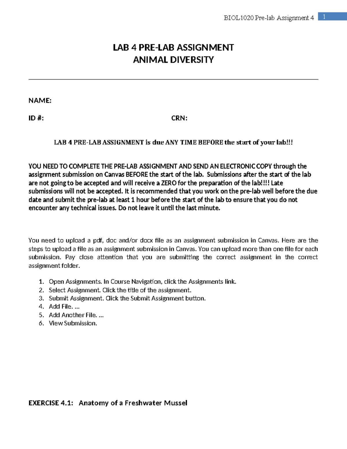 lab 4 dissection pre lab answers - LAB 4 PRE-LAB ASSIGNMENT ANIMAL DIVERSITY NAME: ID #: CRN ...