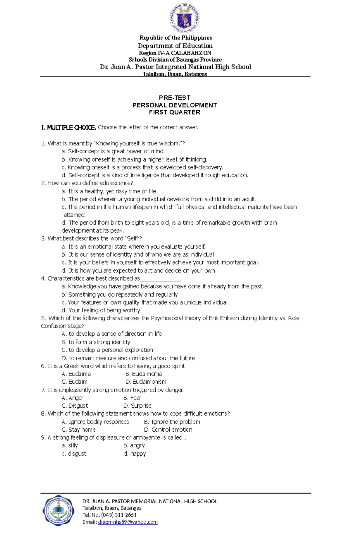PRE-TEST - Personal- Development - Republic of the Philippines ...