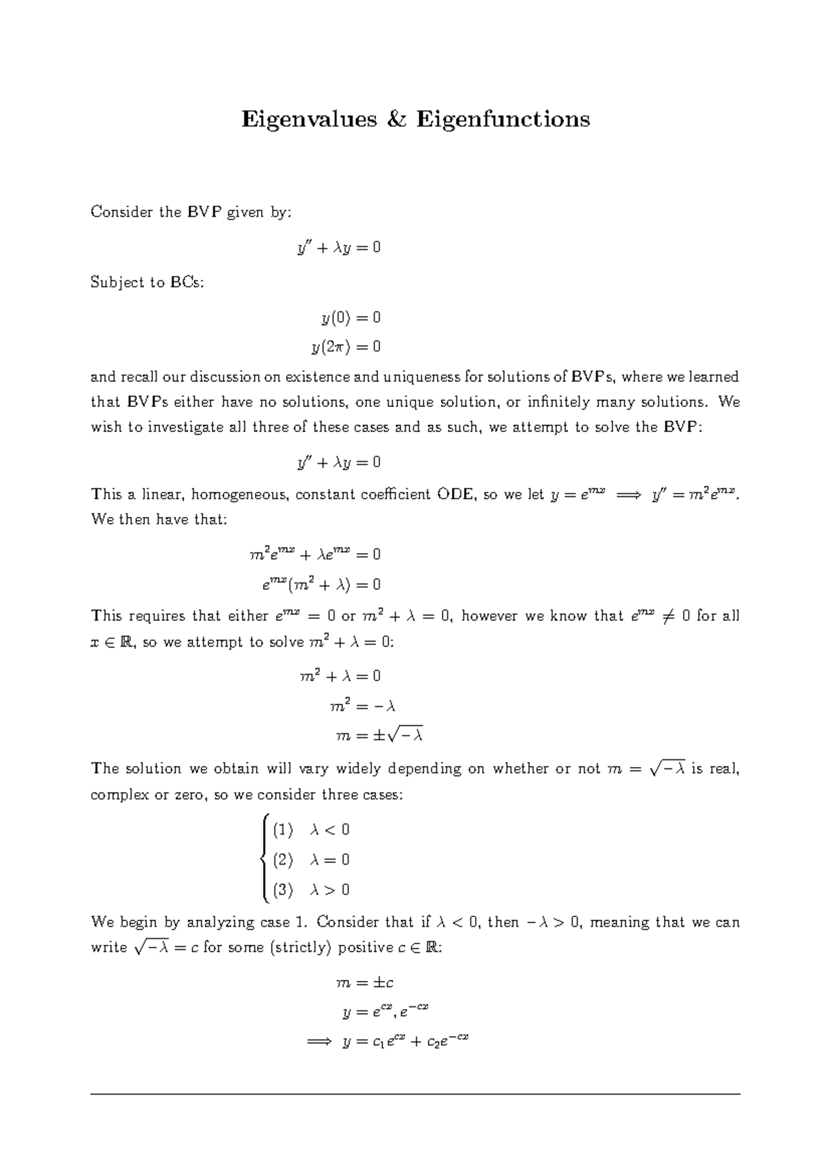 Eigenvalues and Eigenfunctions - Eigenvalues & Eigenfunctions Consider the BVP given by: y ...