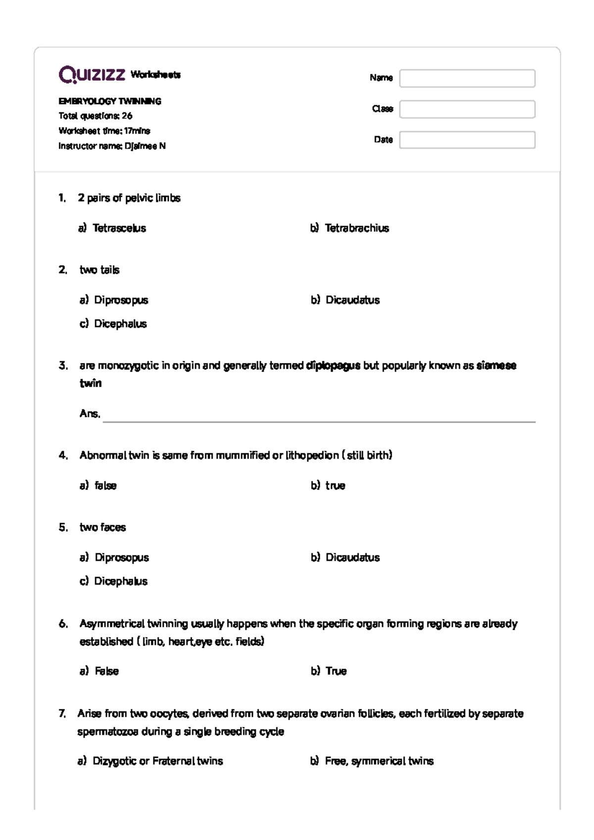 Embryology Twinning W1 - Worksheets EMBRYOLOGY TWINNING Total questions ...