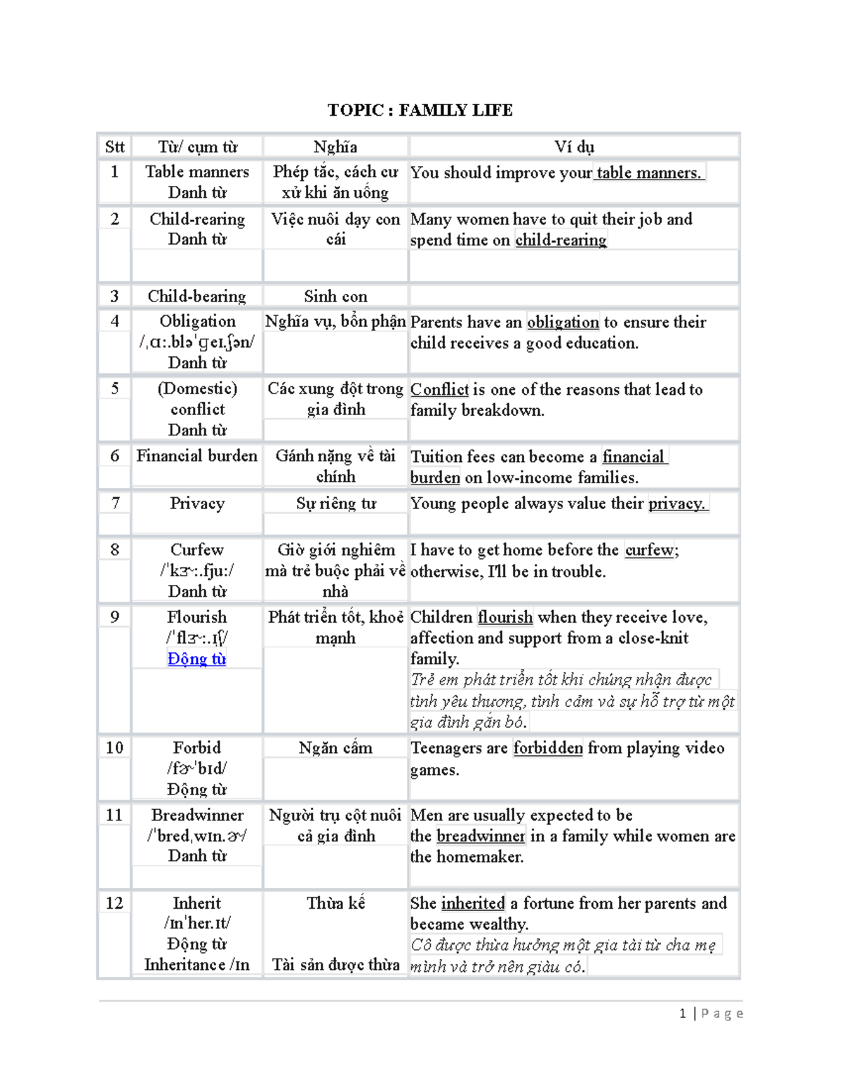 Topic-family - yesssssssssssssssssssss - TOPIC : FAMILY LIFE Stt Từ ...