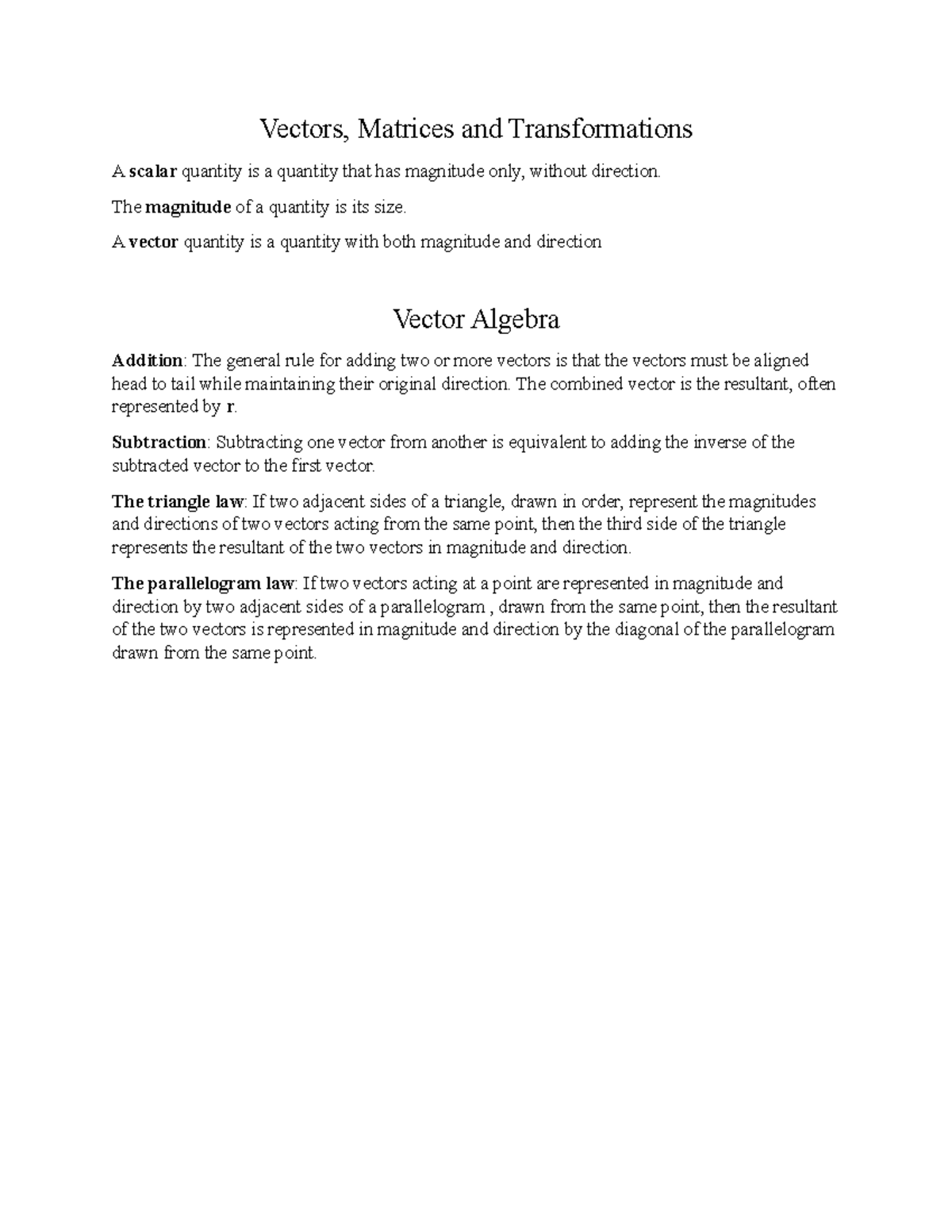 Module 9 Vectors and Matrices - Vectors, Matrices and Transformations A ...