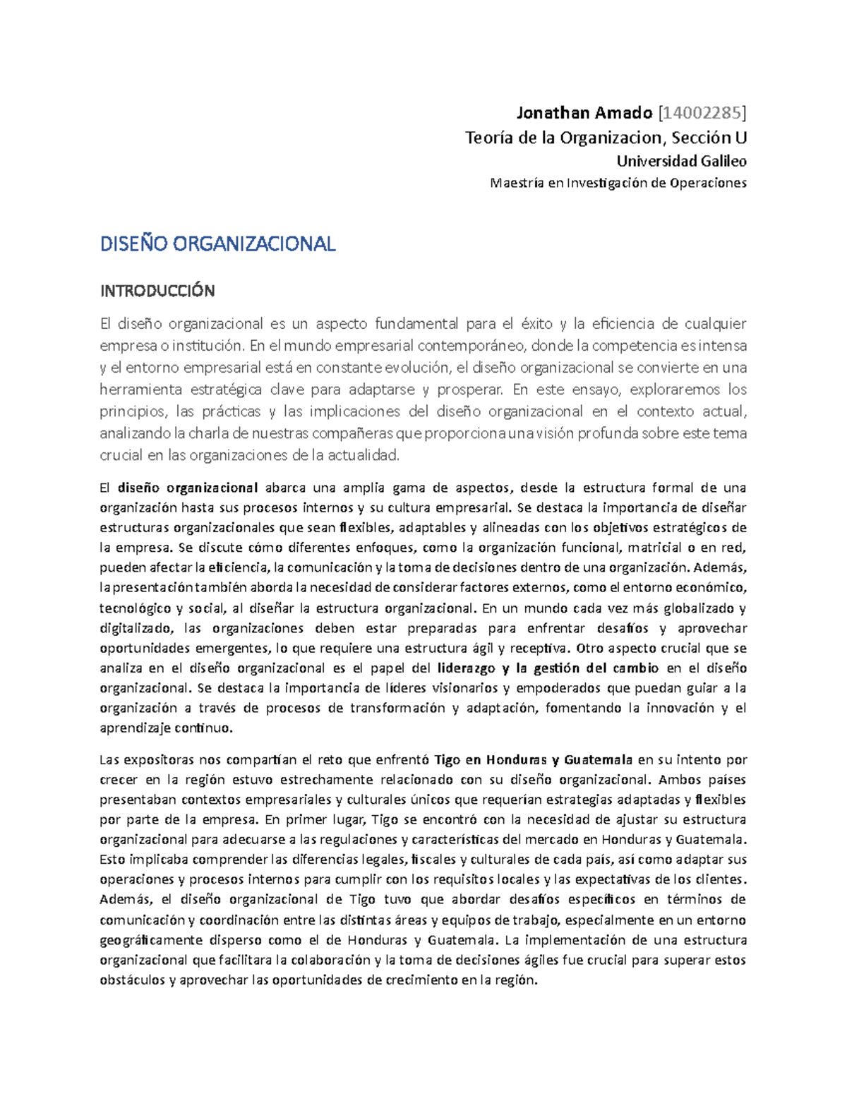 Diseño Organizacional - Jonathan Amado [ 14002285 ] Teoría de la ...