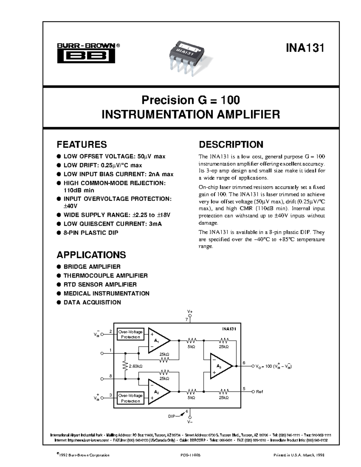 INA131 - hoja caracteristicas - INA Precision G = 100 INSTRUMENTATION ...