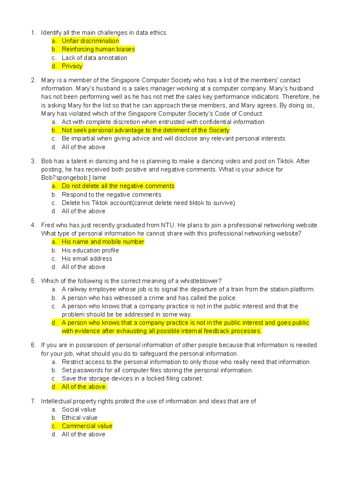 CC Quiz 2 - good - Identify all the main challenges in data ethics a ...